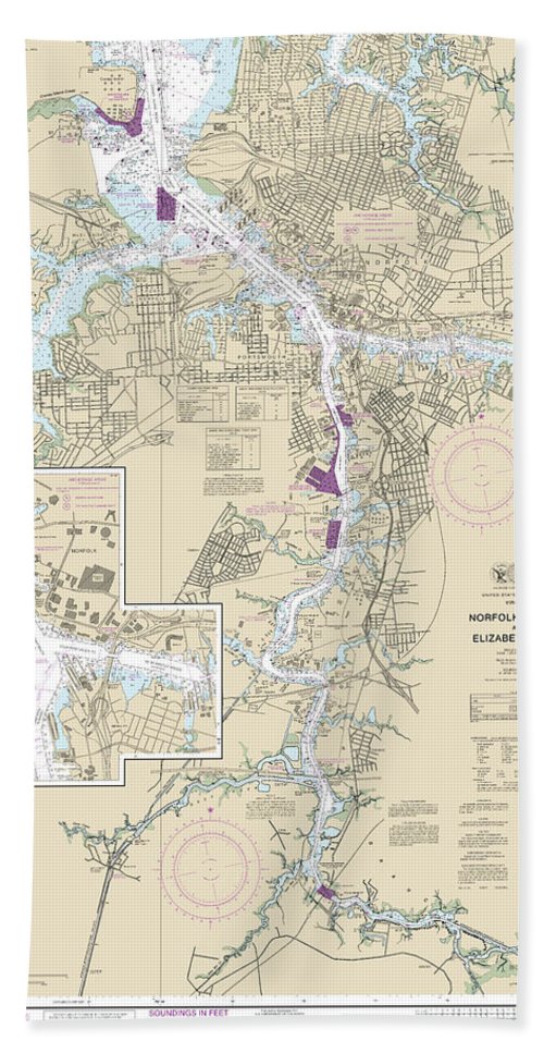 Nautical Chart-12253 Norfolk Harbor-elizabeth River - Bath Towel ...